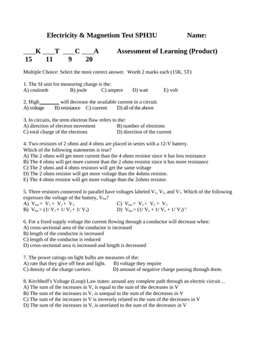 MAGNETISM and ELECTRICITY UNIT TEST Grade 11 Physics Test WITH ANSWERS ...