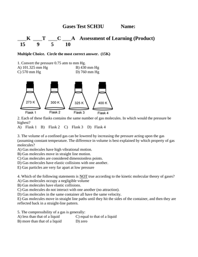 CHEMISTRY GASES UNIT TEST Gas Laws Gas Stoichiometry Test SCH3U WITH ...