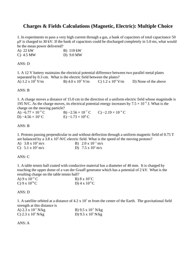 CHARGED PARTICLES, MAGNETIC & ELECTRIC FIELDS Physics Multiple Choice ...