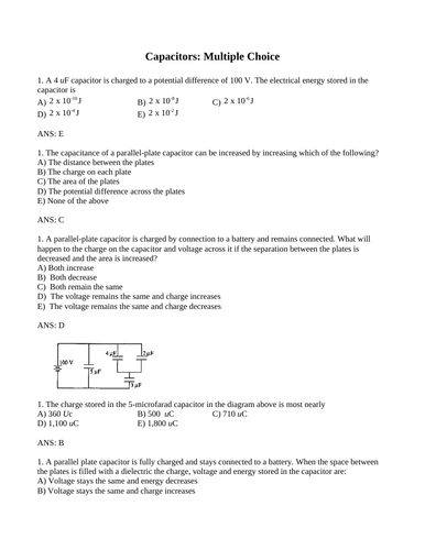 CAPACITORS, CAPACITANCE &amp; PARALLEL PLATES Physics Multiple Choice WITH ...