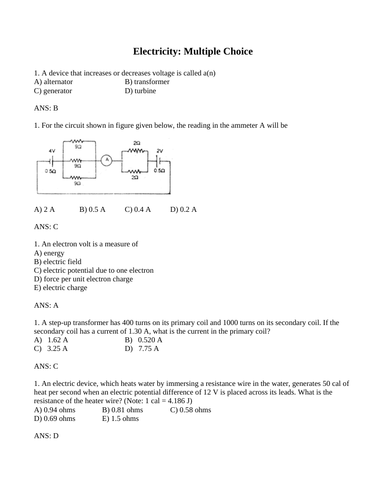 ELECTRICITY Physics Multiple Choice Resistance, Current, Voltage WITH ...