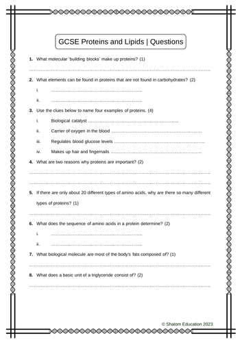 GCSE Biology - Proteins and Lipids Practice Questions | Teaching Resources