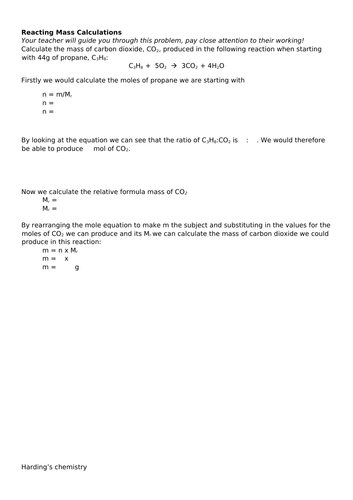 KS5 chemistry reacting masses worksheet | Teaching Resources