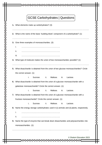 GCSE Biology - Carbohydrates Practice Questions | Teaching Resources