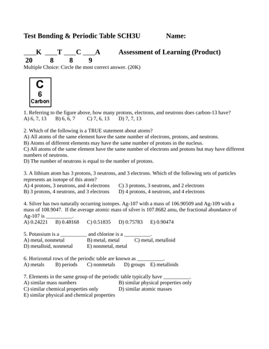 BONDING and PERIODIC TABLE UNIT TEST Grade 11 Chemistry SCH3U WITH ...