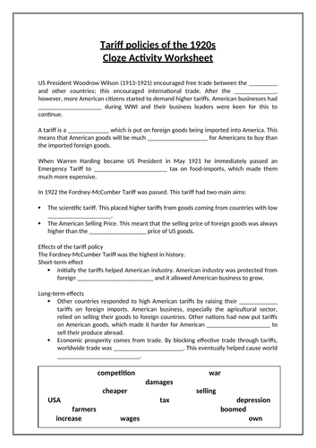 US Economic Tarif Policies in the 1920s | Teaching Resources