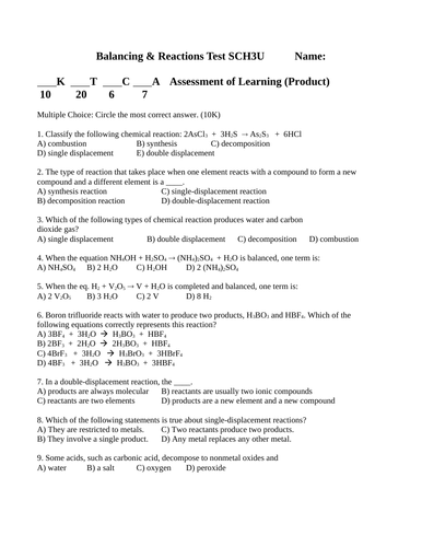 CHEMISTRY REACTIONS TEST and Balancing Chemical Equations Test WITH ...
