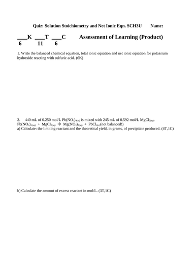 SOLUTION STOICHIOMETRY QUIZ & Net Ionic Equation Quiz SCH3U WITH ...
