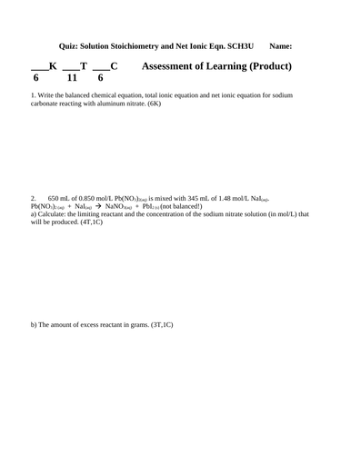 SOLUTION STOICHIOMETRY CHEMISTRY QUIZ & Net Ionic Equation Quiz WITH ...