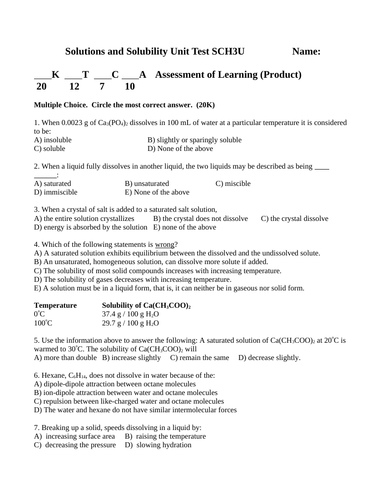 CHEMISTRY TEST Solutions and Solubility Test Solutions Unit Test WITH ...