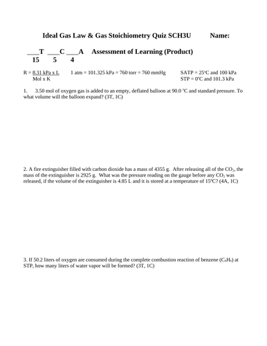 GAS STOICHIOMETRY and IDEAL GAS LAW QUIZ Grade 11 Chemistry Quiz WITH ...