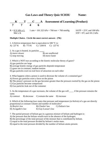 GAS LAWS CHEMISTRY QUIZ SCH3U Grade 11 Chemistry Quiz WITH ANSWERS #14 ...
