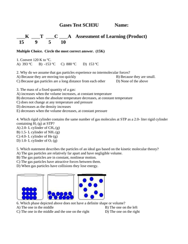CHEMISTRY GASES UNIT TEST Grade 11 Chemistry Test SCH3U WITH ANSWERS ...