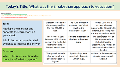 L1: Elizabethan Education (GCSE History EEE Edexcel) | Teaching Resources