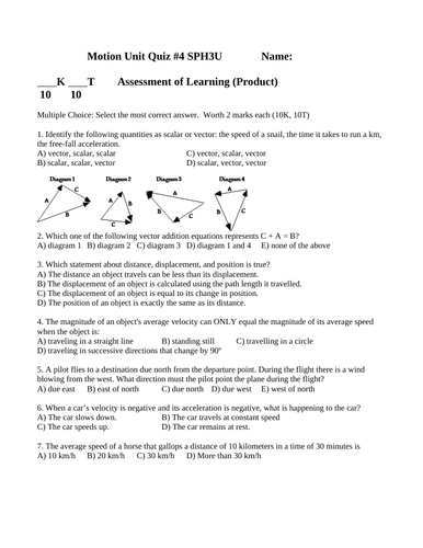 MOTION UNIT QUIZ WITH ANSWERS Kinematics Physics Quiz V=d/t UALM ...