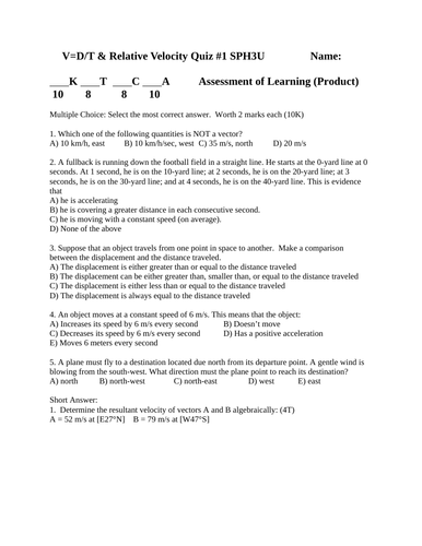Relative Velocity Quiz Resultant Velocity Physics Quiz With Answers Sph3u 13 Teaching Resources 