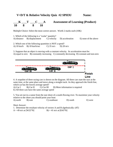 V=D/T, RELATIVE VELOCITY QUIZ Resultant Velocity & Vectors Quiz WITH ...