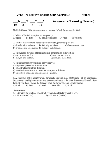 RELATIVE VELOCITY and V=D/T QUIZ Grade 11 SPH3U Physics Quiz WITH ...
