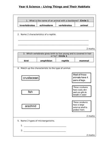 Living Things and Their Habitats Assessment - Year 6 | Teaching Resources