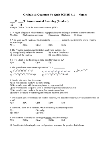 Orbitals Quantum S And Electron Configuration Quiz Grade 12 Chemistry