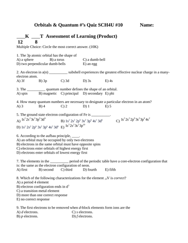 ELECTRON CONFIGURATIONS, QUANTUM #'S & ORBITALS QUIZ Grade 12 Chemistry ...