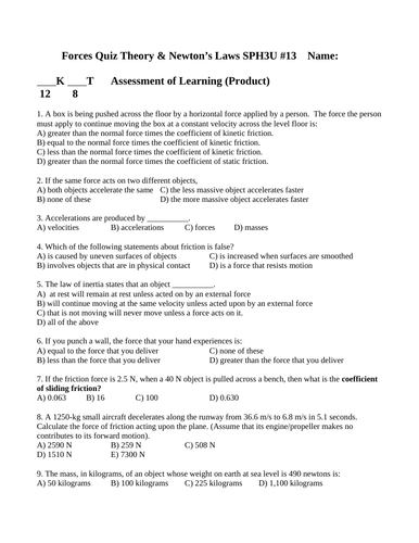 FORCES PHYSICS QUIZ (Newtons laws, Friction, Weight, Net Force) WITH ...