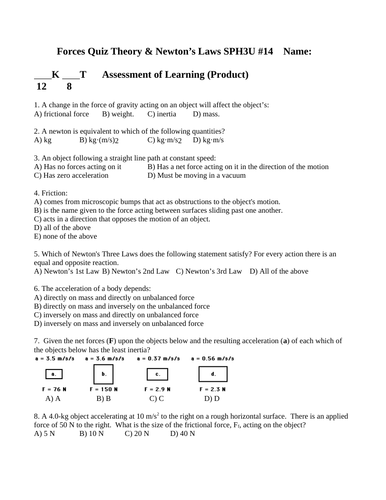 DYNAMICS PHYSICS QUIZ Weight Friction Newton's 3 laws Net Force WITH ...