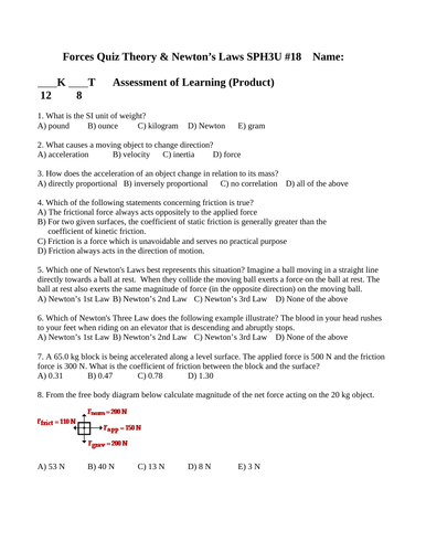 Forces Dynamics Quiz Sph3u Newtons Laws Inertia Action Reaction Net Force 18 Teaching