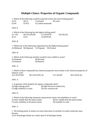 PROPERTIES OF ORGANIC COMPOUNDS Grade 12 Chemistry Multiple Choice M.P ...