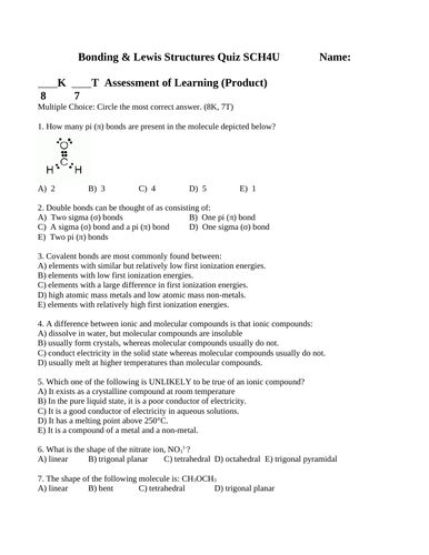 CHEMISTRY COVALENT BONDING QUIZ Resonance VSEPR Lewis Structures WITH ...