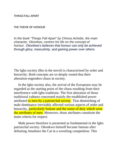 iGCSE English Literature : the theme of honour in "Things Fall Apart ...