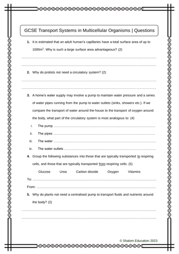 GCSE Biology - Transport Systems in Multicellular Organisms Practice Questions | Teaching Resources