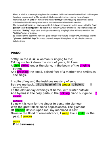 iGCSE English Literature REVISION Poetry Anthology "Piano" analysis ...