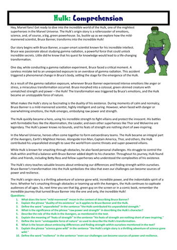 Reading Comprehension: Hulk | Teaching Resources