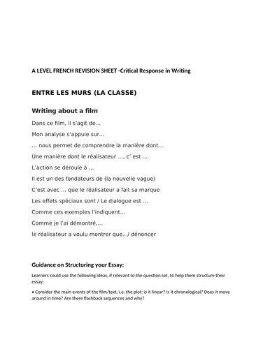 A LEVEL FRENCH REVISION SHEET "Entre Les Murs" "La Classe" | Teaching ...