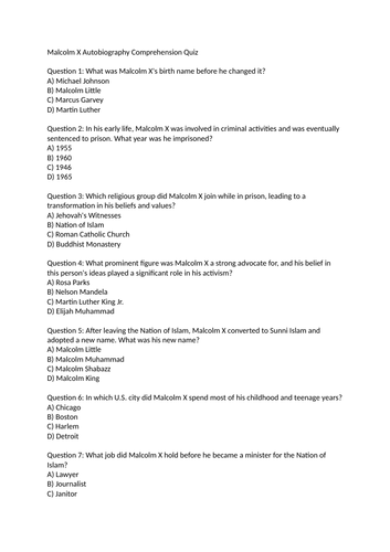 Macolm X Quiz | Teaching Resources