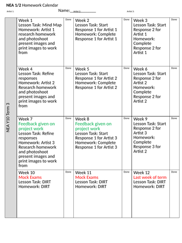 Art Exam NEA and ESA lesson and homework diary/timetable plan to share ...