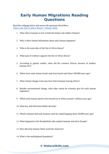 Early Human Migrations Reading Questions Worksheet | Teaching Resources