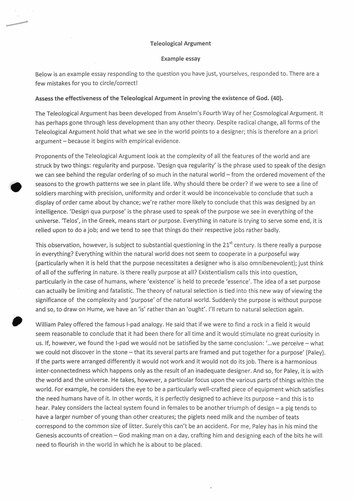 Teleological Argument essay with mistakes | Teaching Resources