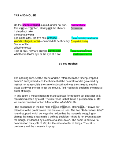 GCSE English Literature analysis of "Cat and Mouse" by Ted Hughes level ...