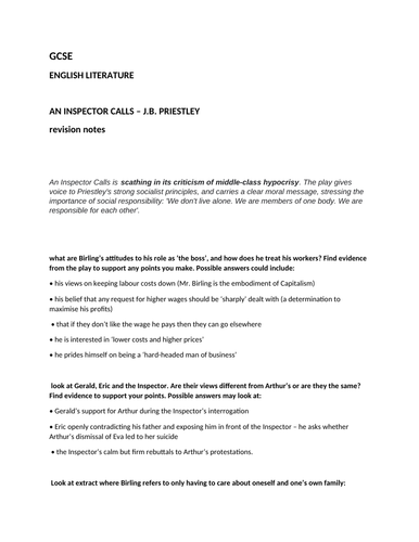 GCSE English Literature revision "An Inspector Calls" J.B.Priestley ...