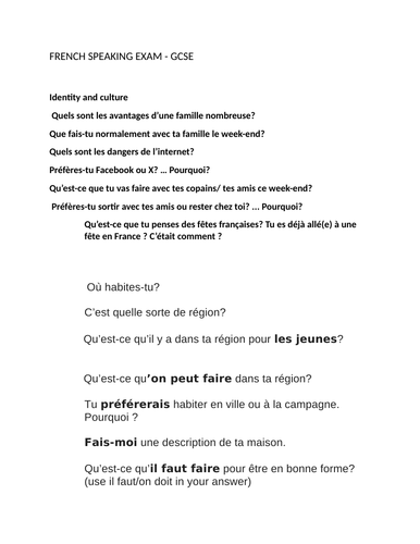 GCSE FRENCH LANGUAGE - speaking exam questions with example answers ...