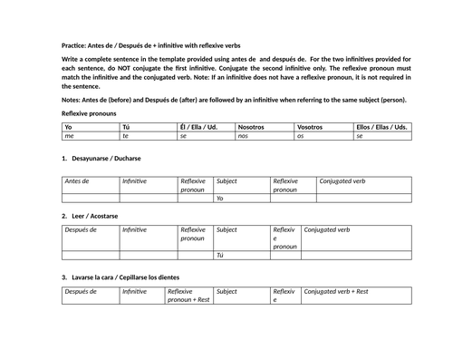 Practice: Antes de / Después de + infinitive with reflexive verbs ...