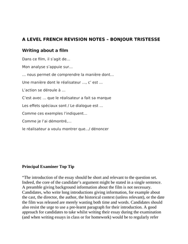 A LEVEL FRENCH revision notes on Bonjour Tristesse | Teaching Resources