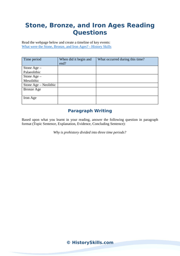 Stone, Bronze, and Iron Ages Reading Questions Worksheet | Teaching ...
