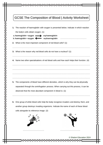 GCSE Biology - The Composition of Blood Activity Worksheet | Teaching ...