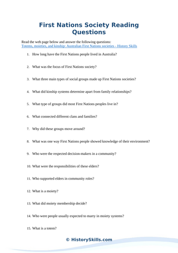 Australian First Nations Society Reading Questions Worksheet | Teaching ...