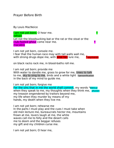 GCSE ENGLISH LITERATURE analysis of "Prayer Before Birth" | Teaching ...