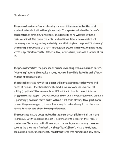 GCSE poetry anthology GCSE English Literature: analysis of "A Memory" Ted Hughes | Teaching ...