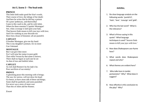 Romeo and Juliet Final scene analysis | Teaching Resources
